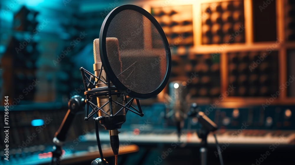 Studio microphone and pop shield on mic in the empty recording studio ...