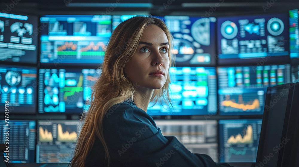 Professional Analyst Monitoring Data On Multiple Screens A Focused