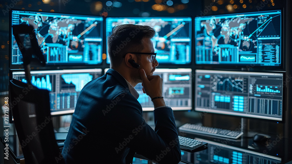 Professional Analyst Monitoring Data On Multiple Screens A Focused