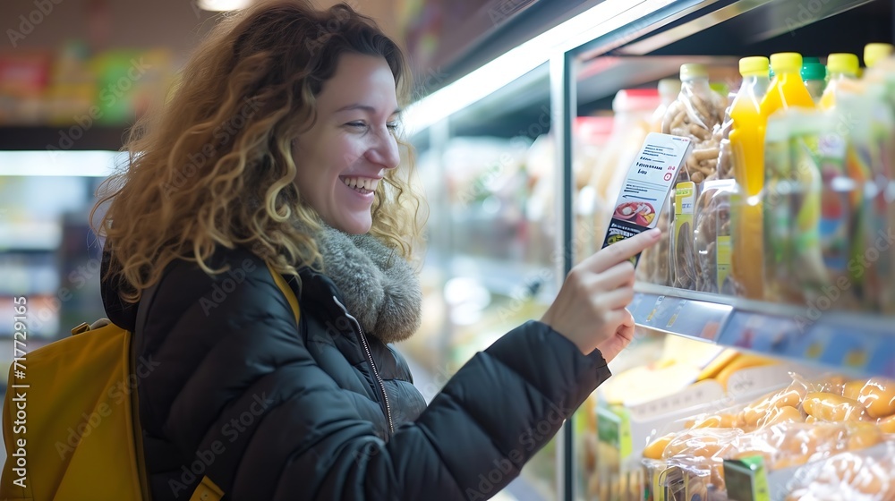Generative AI : Smiling woman reading label on food package while ...