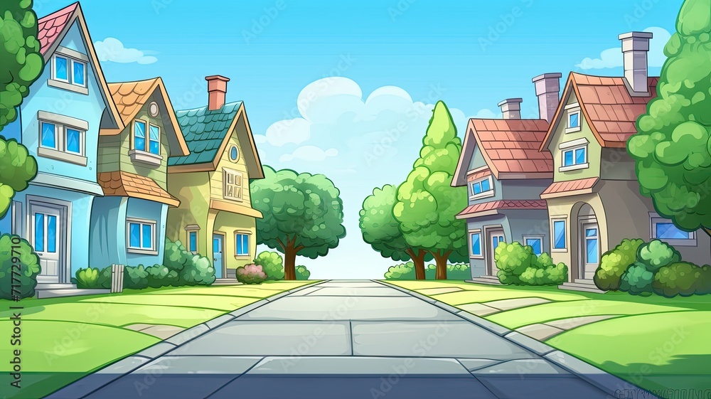 cartoon illustration A street of houses with green trees and a road in ...