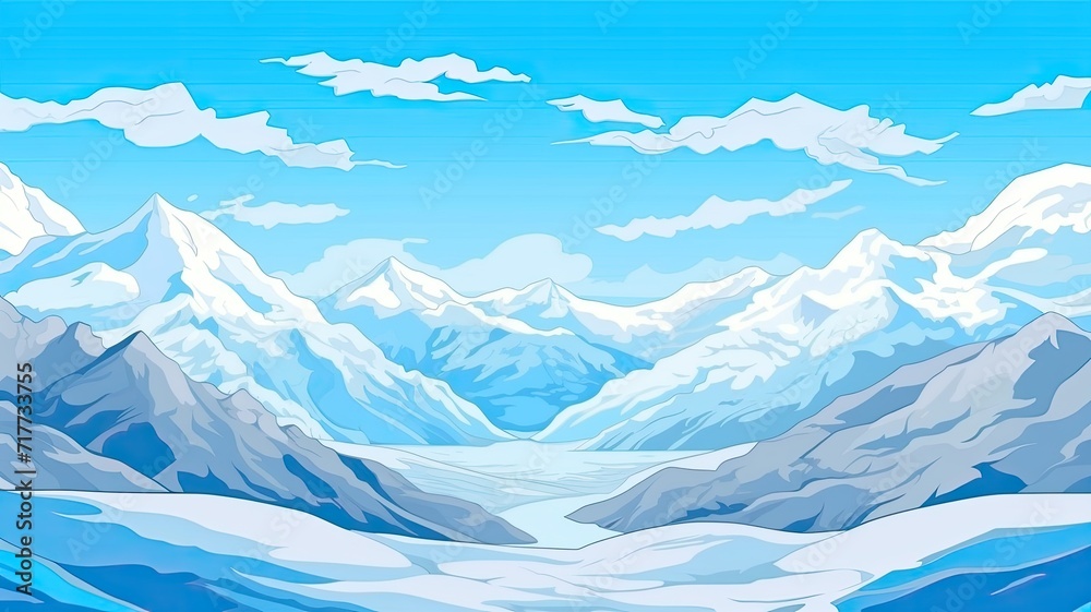 cartoon illustration snow capped mountains under a clear sky with ...