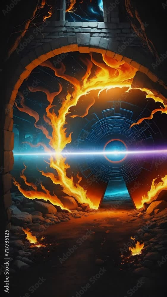 road to fantastic fire portal for transition between dimensions. blue ...