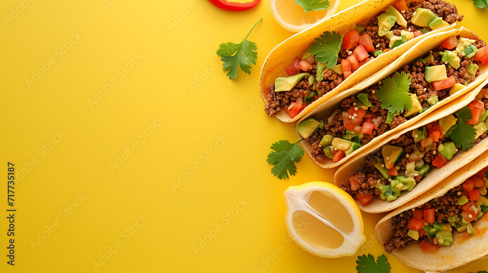 tacos with cilantro and lemon isolated on plain yellow color studio ...
