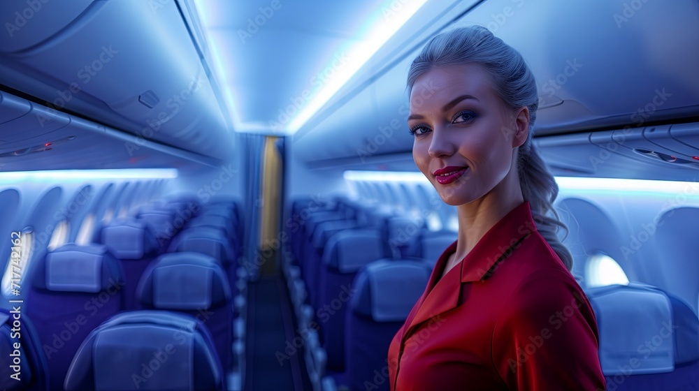 Foto de Confident female cabin crew member standing in airplane aisle ...