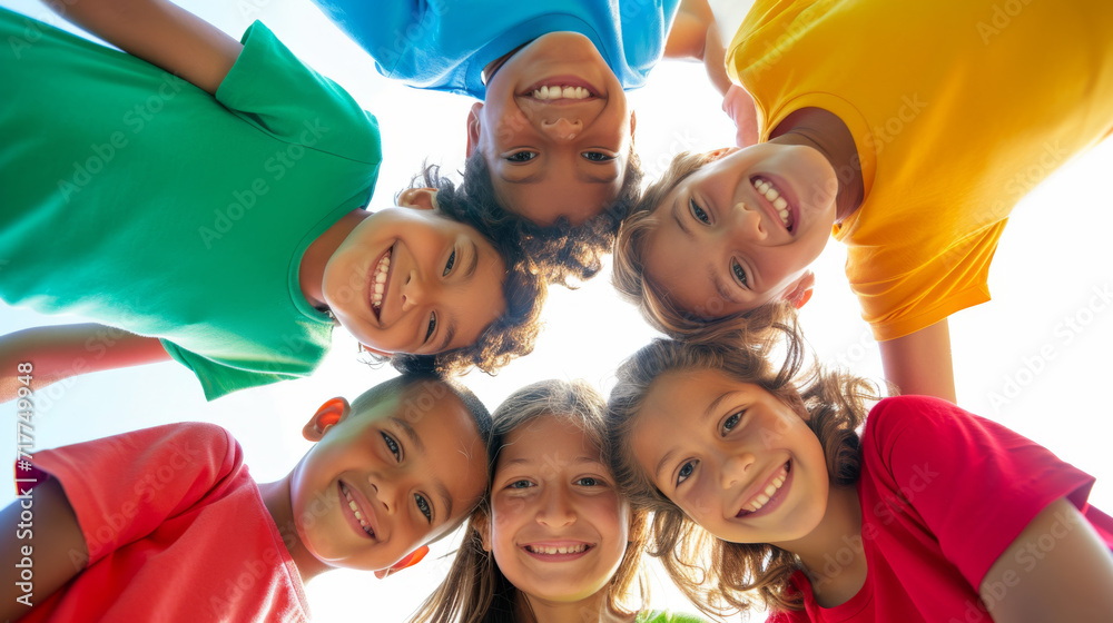High-angle shot of a group of children forming a circle and looking up ...