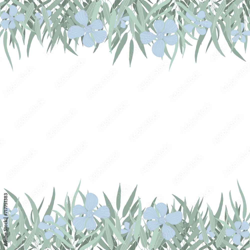 Decorative square card with top and bottom borders of leaves and blue ...