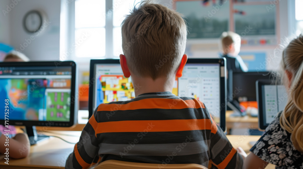child from behind, focused on a computer screen during a computer class ...