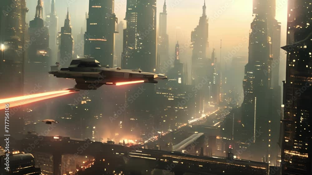 High above a bustling alien city, a bounty hunters jet pack propels ...