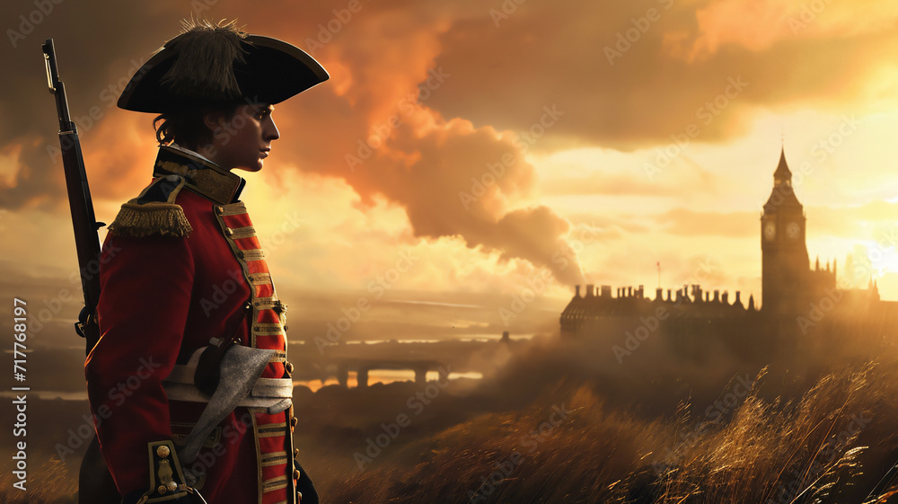 Redcoat soldier in London with the UK Houses of Parliament in the ...