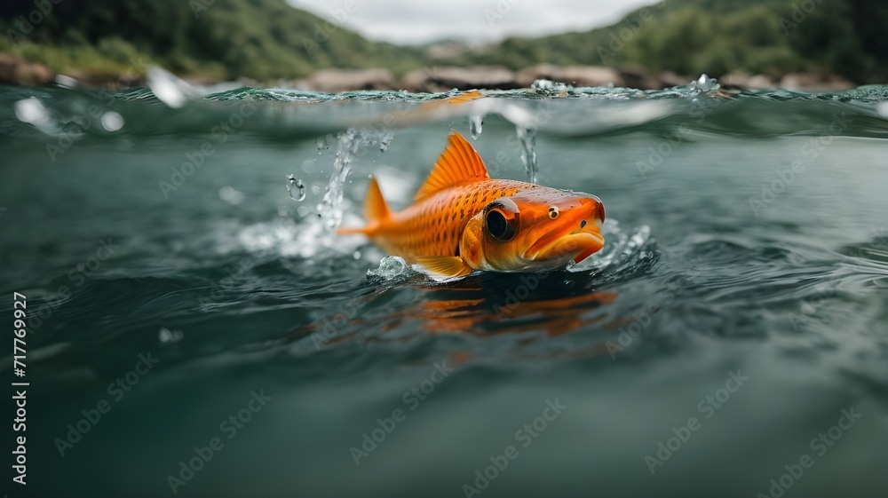 goldfish in a pond, The drop falls below the water surface, it morphs ...