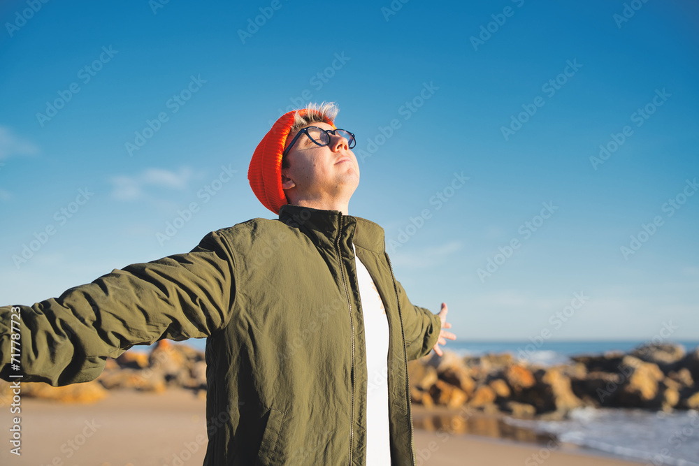 Free and happy man with open arms enjoying nature - Happy Caucasian boy ...