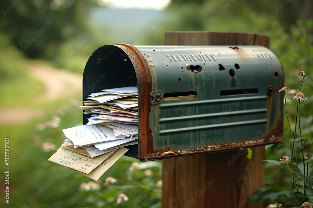 A rural mailbox is overflowing with an assortment of mail, including ...