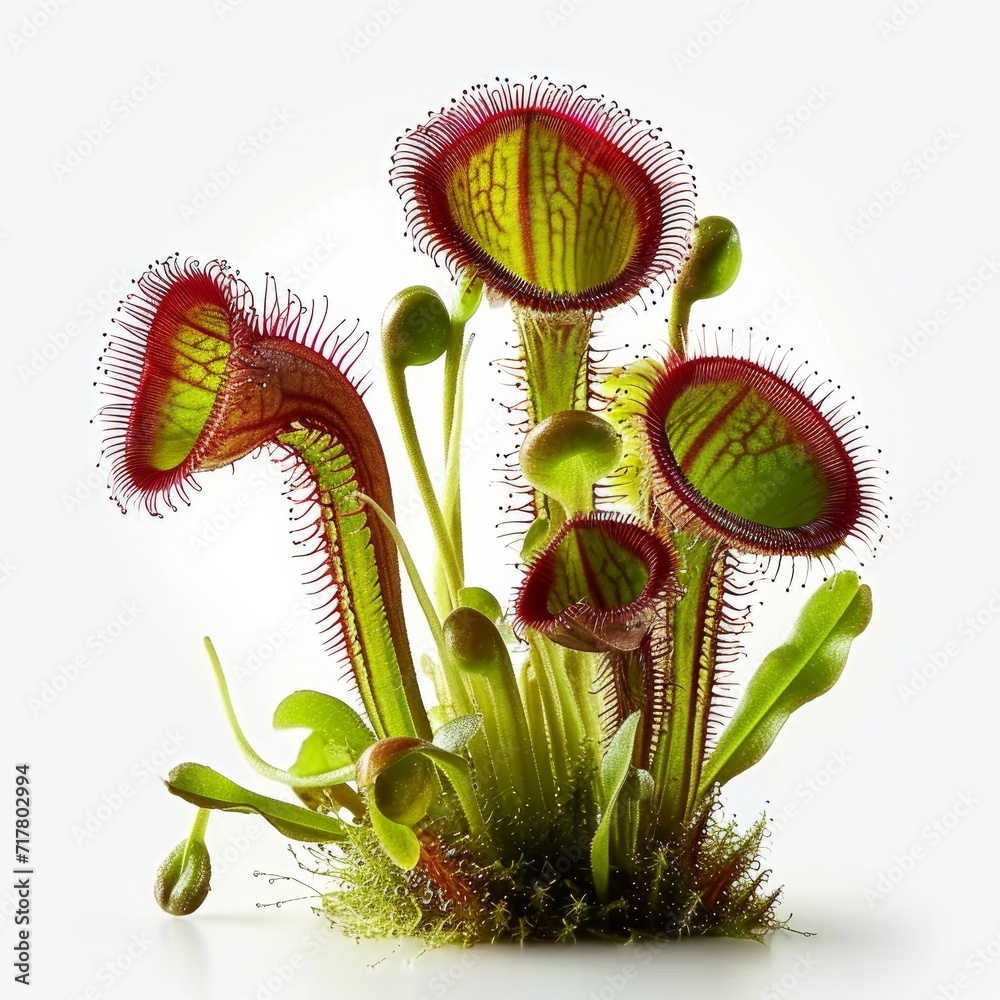 Carnivorous plant captured in the act of trapping, isolated on a white ...