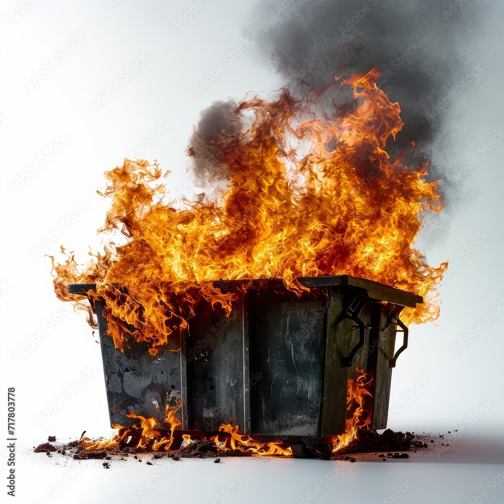 Burning garbage out of control dumpster fire isolated on a white ...
