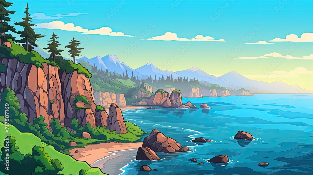 cartoon illustration coastal scene at sunset, rocky cliffs are ...