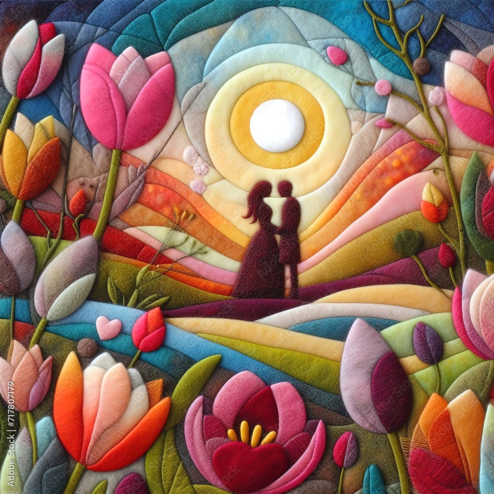 Artwork of two silhouetted figures amidst vibrant nature under a ...