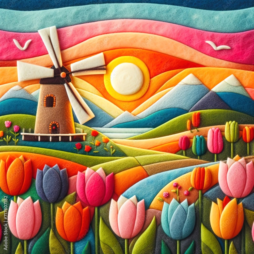 Vibrant artwork of a windmill amidst colorful rolling hills, blooming ...