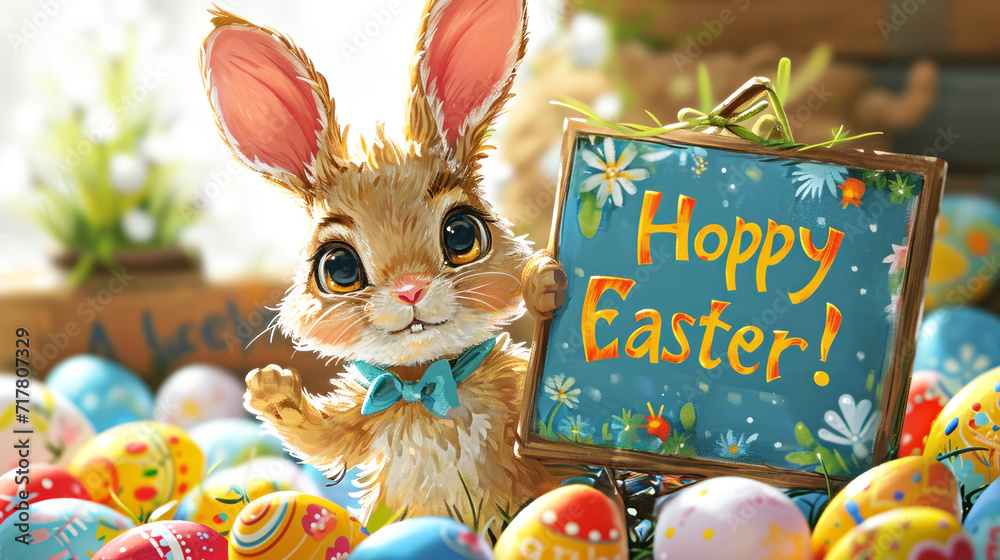 Cute cartoon bunny holding sign saying Hoppy Easter Stock Illustration ...