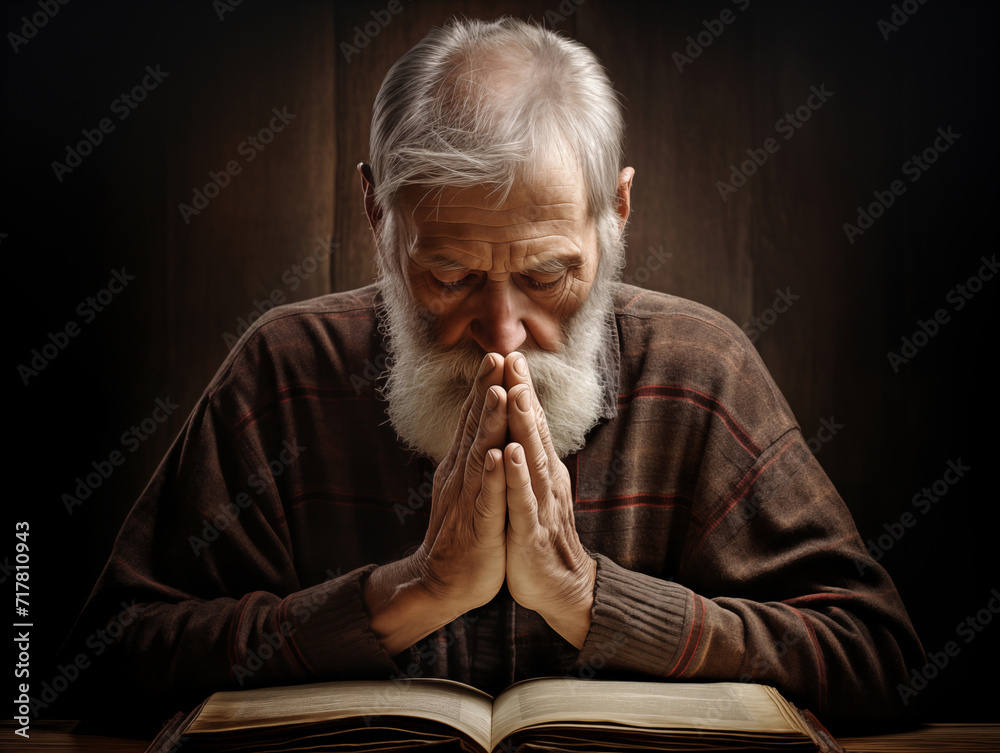 Portrait of old man with grey hairs and long beard praying with palms ...