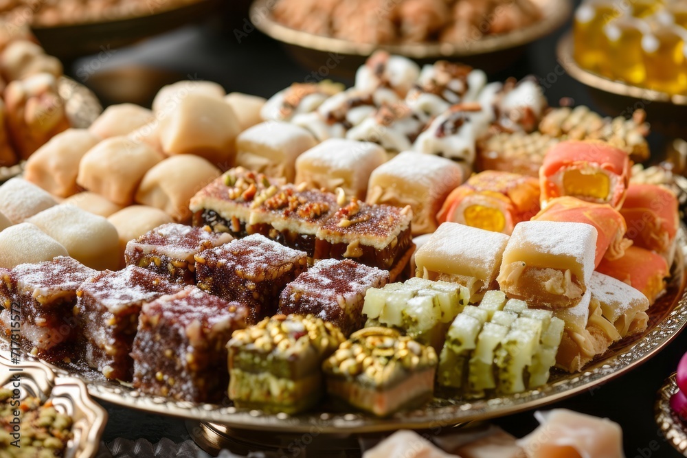 Ramadan food made from assorted middle eastern sweets maamoul, basbousa ...