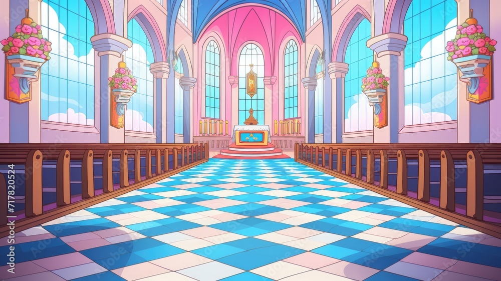 cartoon illustration of Cathedral Church view inside. Stock ...
