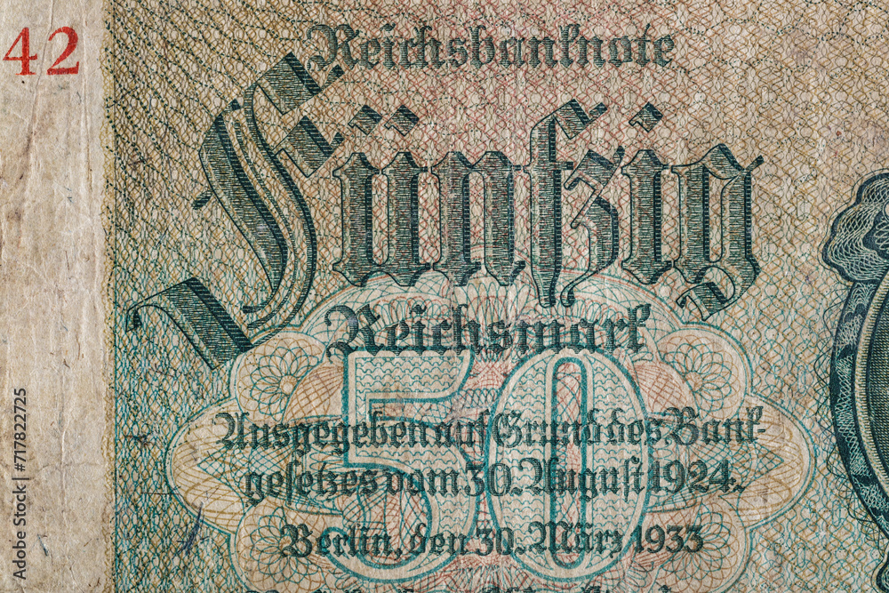 Vintage elements of old paper banknotes.Bonistics.50 reichsmark bill of ...