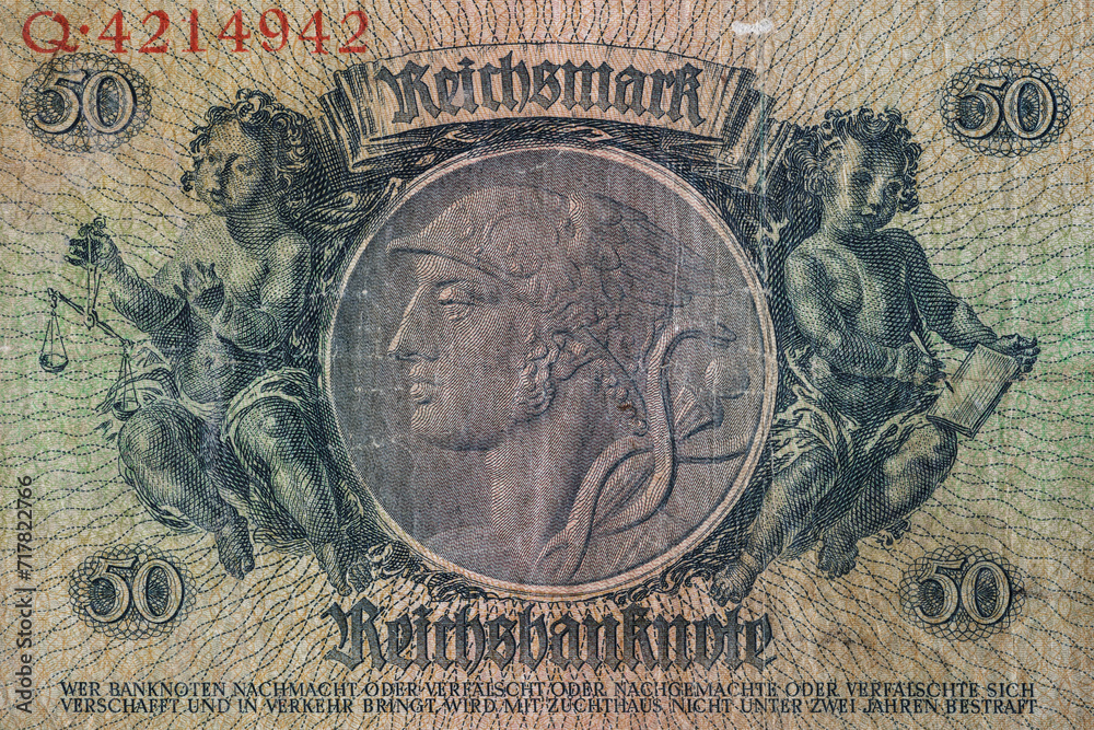Vintage elements of old paper banknotes.Bonistics.50 reichsmark bill of ...