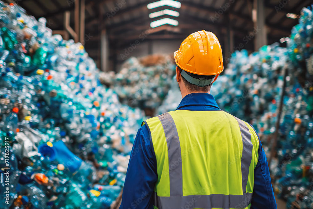 Engineer Standing and looking back The plastic bottle in the recycling ...