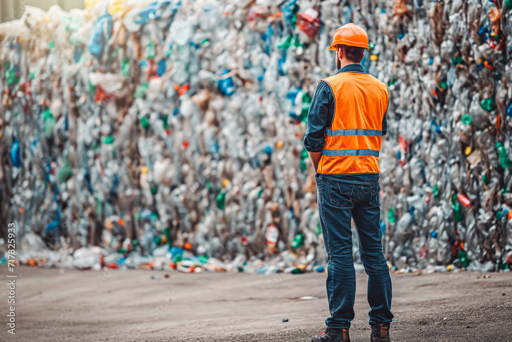 Engineer Standing and looking back The plastic bottle in the recycling ...