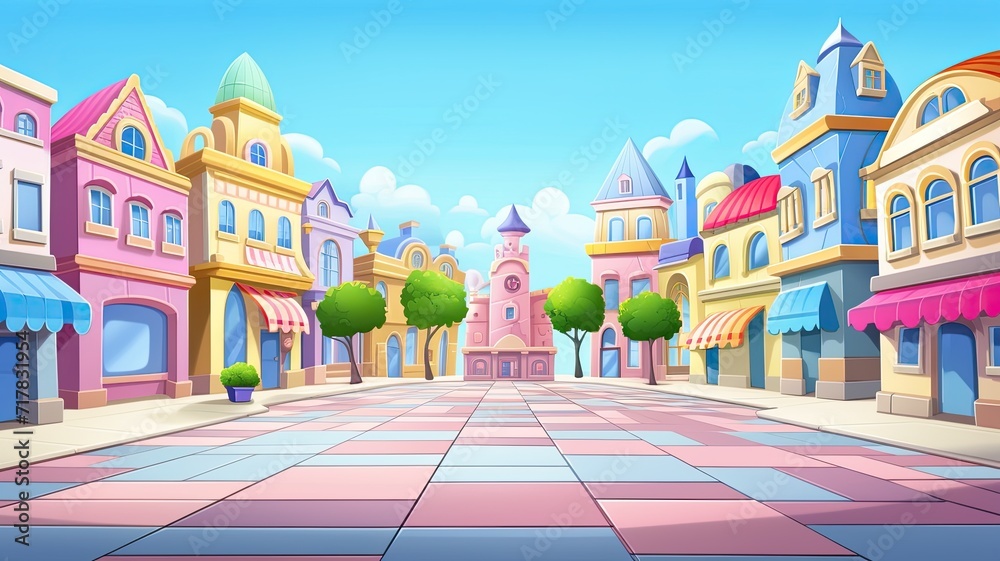 cartoon illustration of city square background, filled with colorful ...