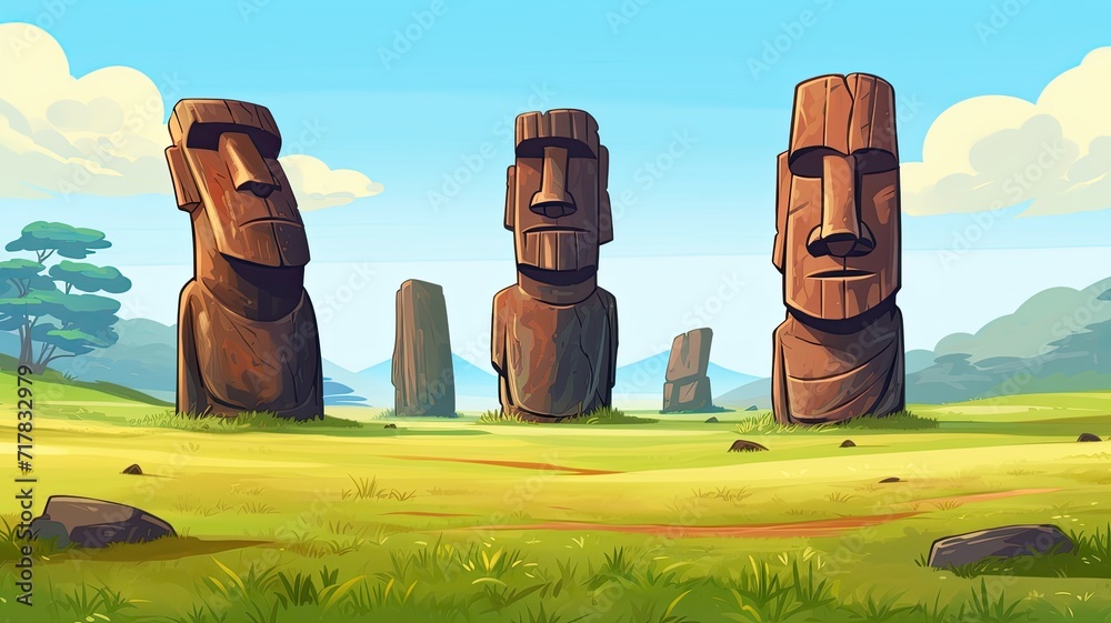cartoon illustration Remote island with mysterious moai statues. sweet ...