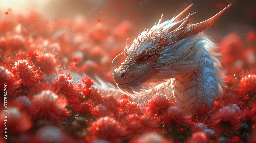 Dragon's Den: A Fantasy World of Red Flowers and White Dragon ...
