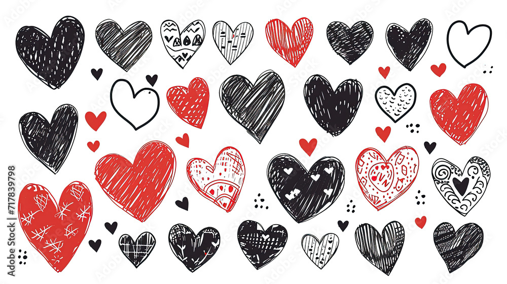 Scribbles of hearts. A combination of red and black hearts with a ...
