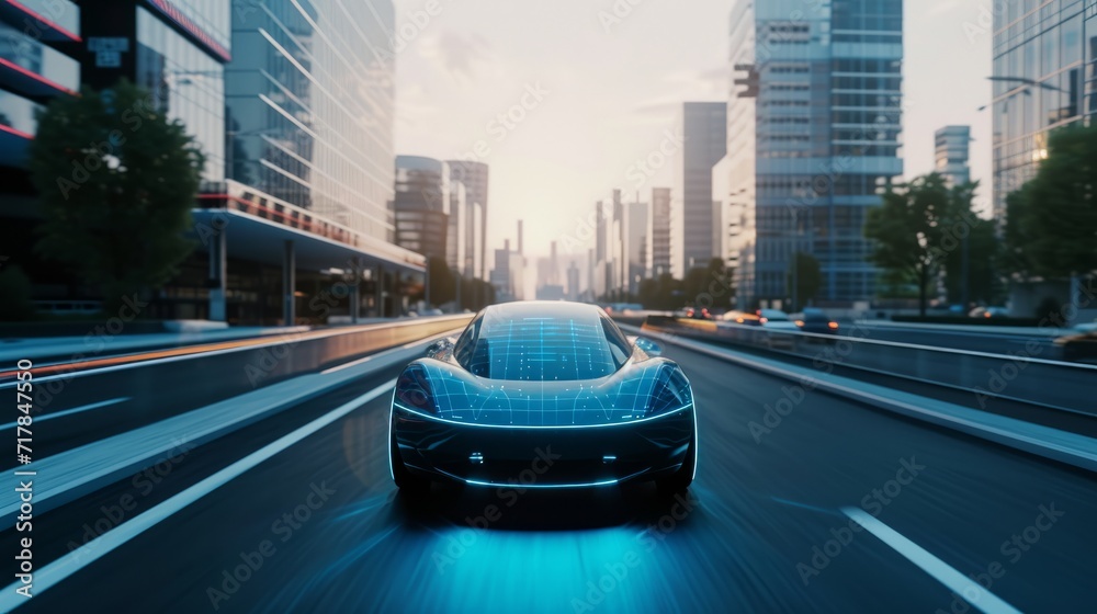 Autonomous Self-Driving 3D Car Moving Through City Highway. VFX ...