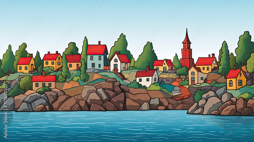 cartoon illustration Archipelago with red granite cliffs and charming ...