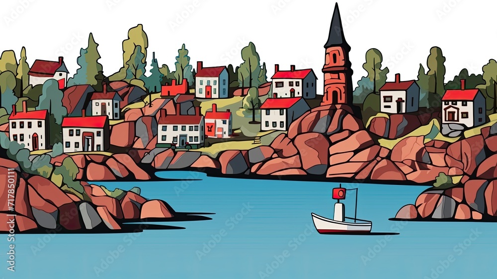 cartoon illustration Archipelago with red granite cliffs and charming ...