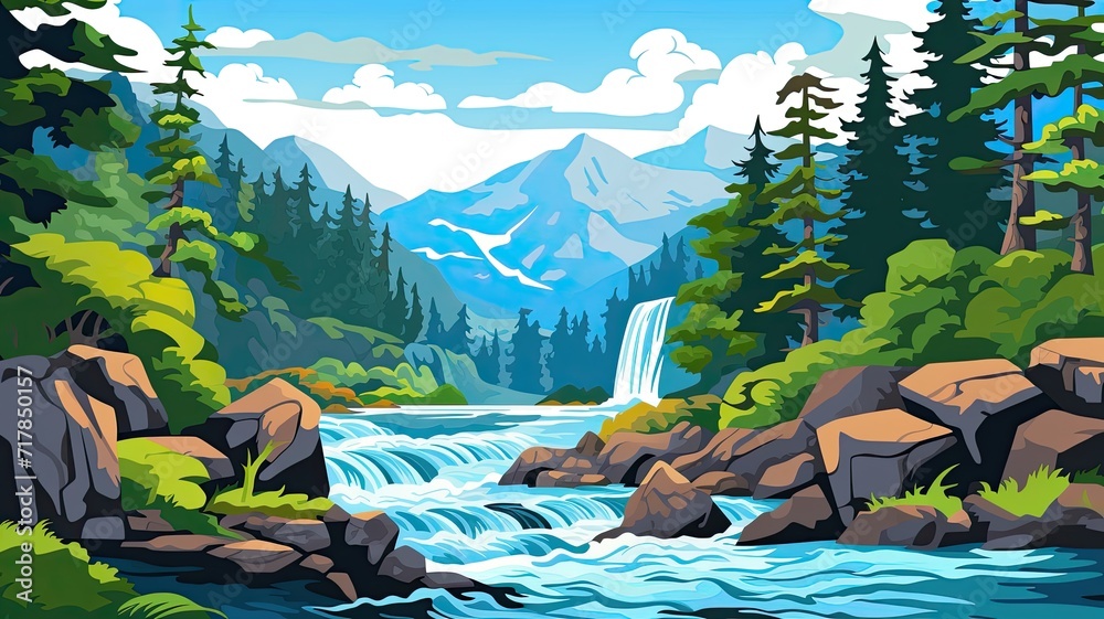 cartoon illustration Deep fjords, waterfalls, and lush rainforests ...