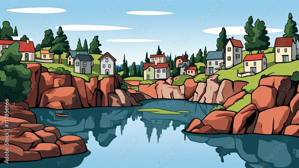 cartoon illustration Archipelago with red granite cliffs and charming ...