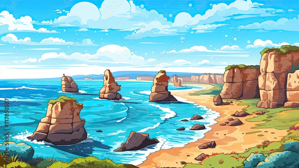 cartoon illustration with stunning ocean views and rock formations ...
