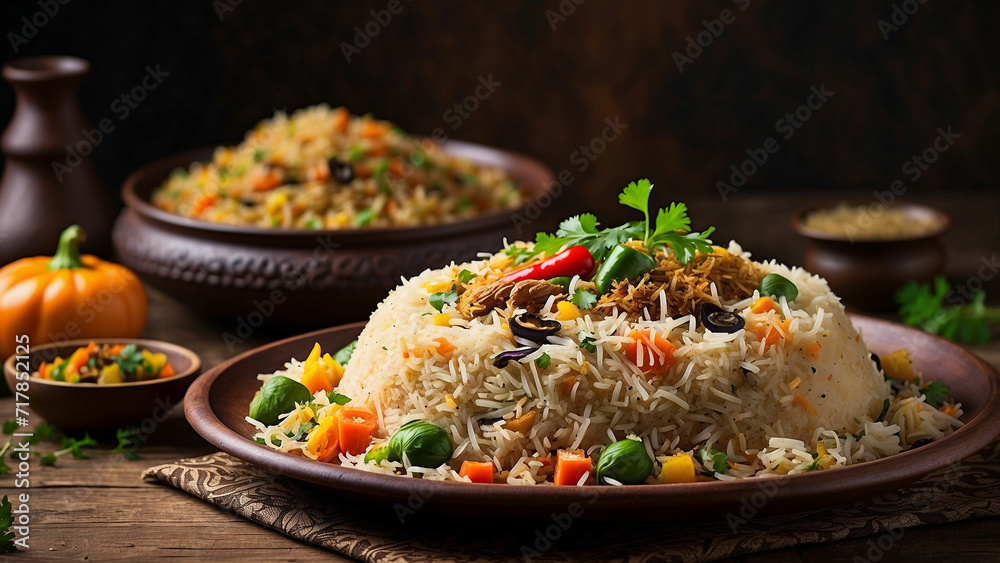 Plate of vegetable biryani served on a traditional plate with a side ...