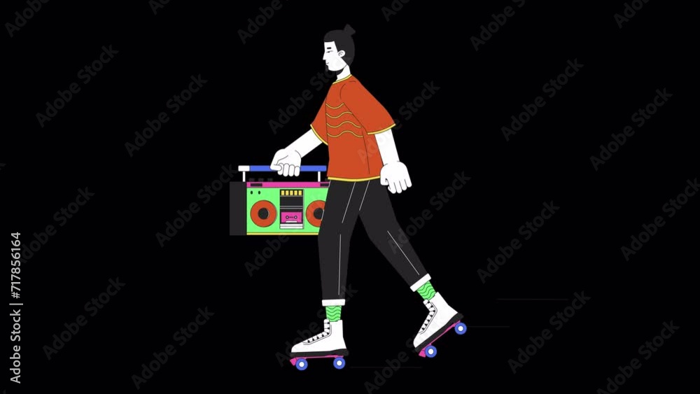 Rollerblading with boom box line cartoon animation. Eighties nostalgia ...