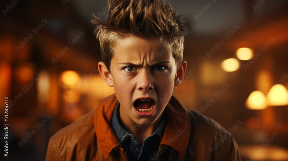 Angry irritated boy. Full of rage. Emotional portrait of an upset ...