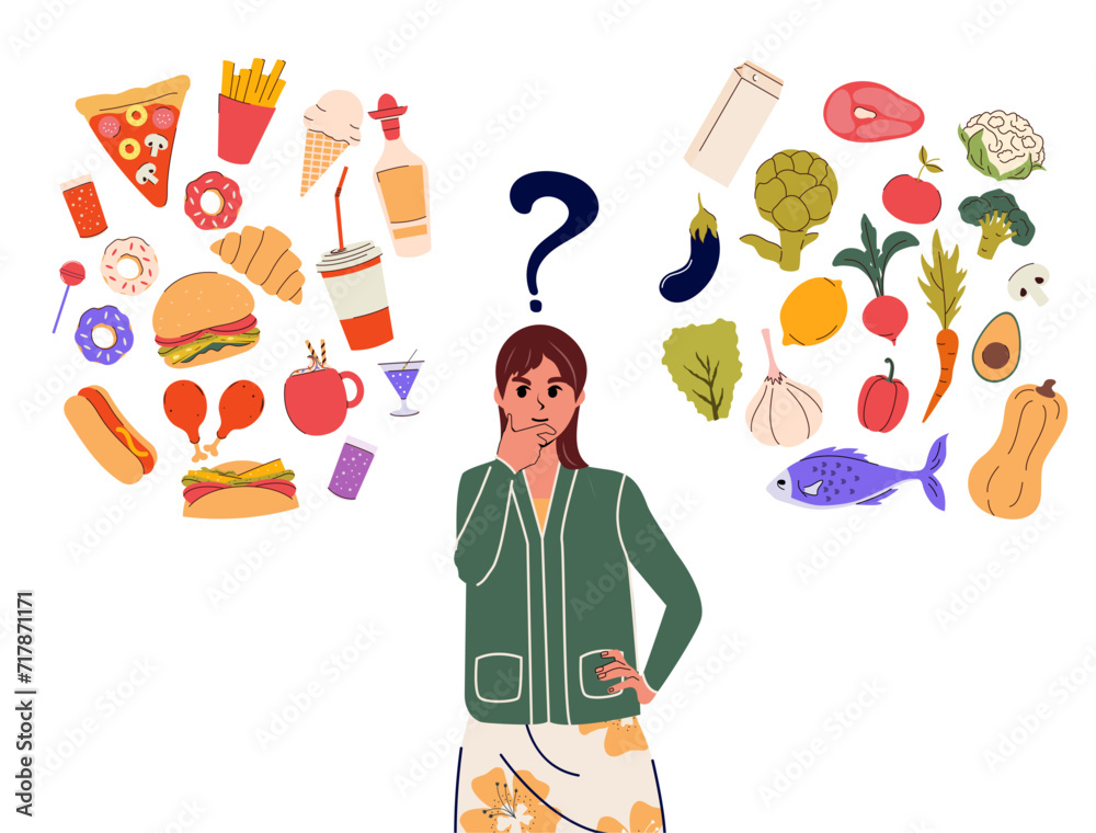 Girl compares healthy and fast food in his head. Thoughts on fresh food ...