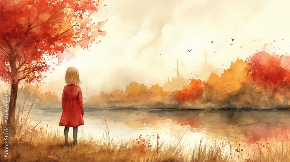 Small blond girl from the back is dressed in red dress and is looking ...