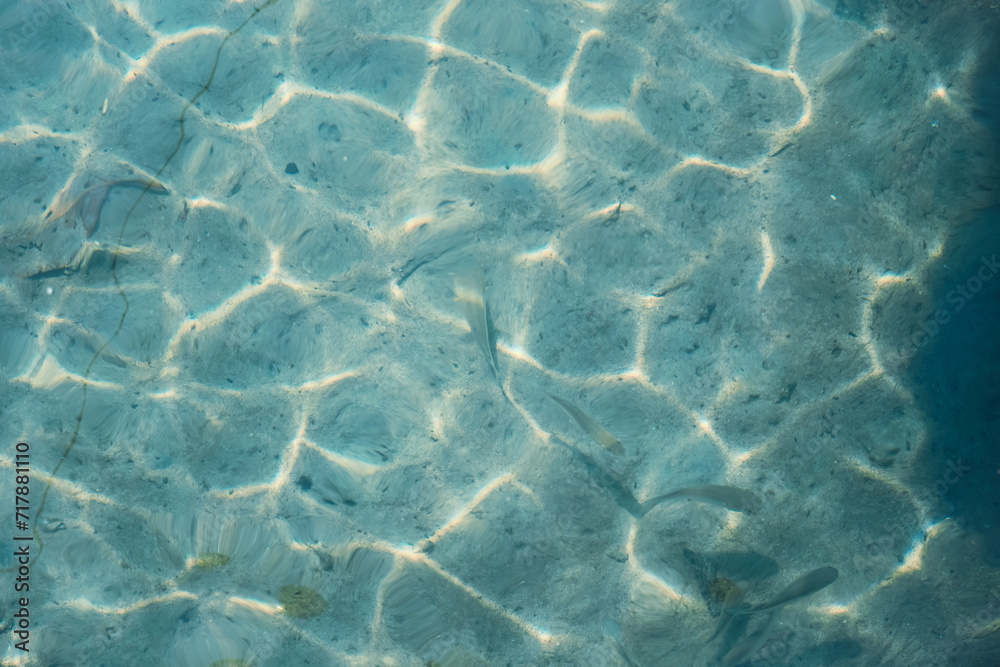 Blue water surface viewed from above in outdoor sea, sun reflection ...
