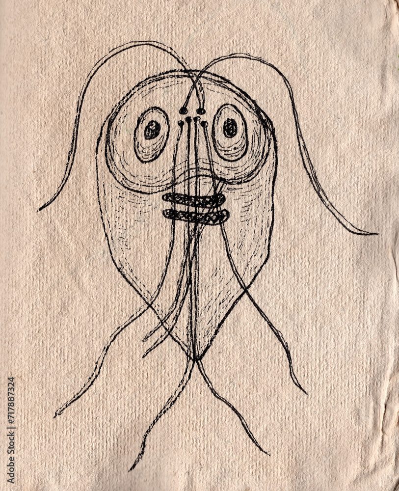Scientific pen and ink illustration of Giardia lamblia protozoan on ...