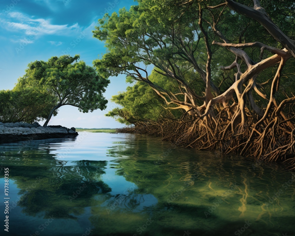 Foto de A coastal inlet with mangrove trees, their roots submerged in ...