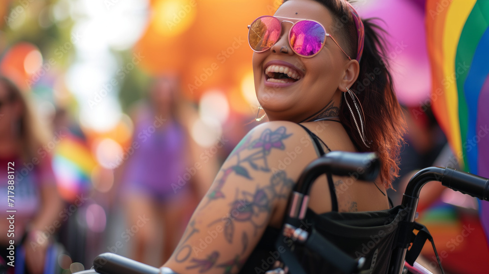 Happy disabled lesbian woman in a wheelchair celebrating gay pride ...