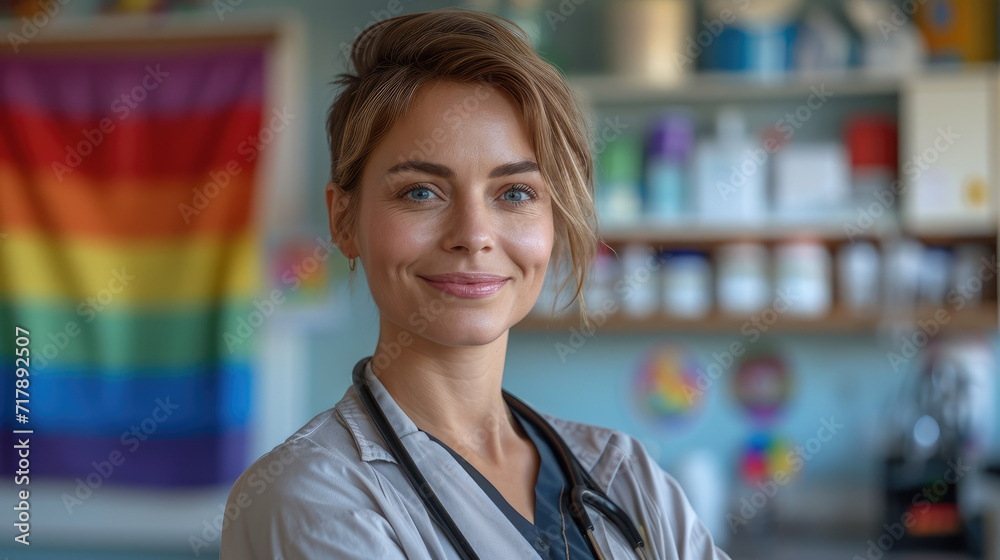 LGBT doctor women in medicine shirt and LGBT rainbow flag on background ...